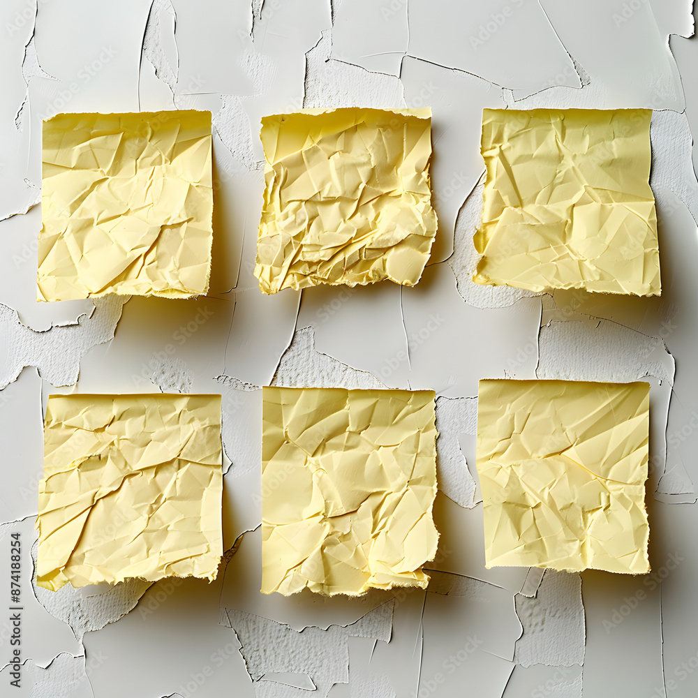 blank yellow sticky notes on noticeboard with crumpled notes ...