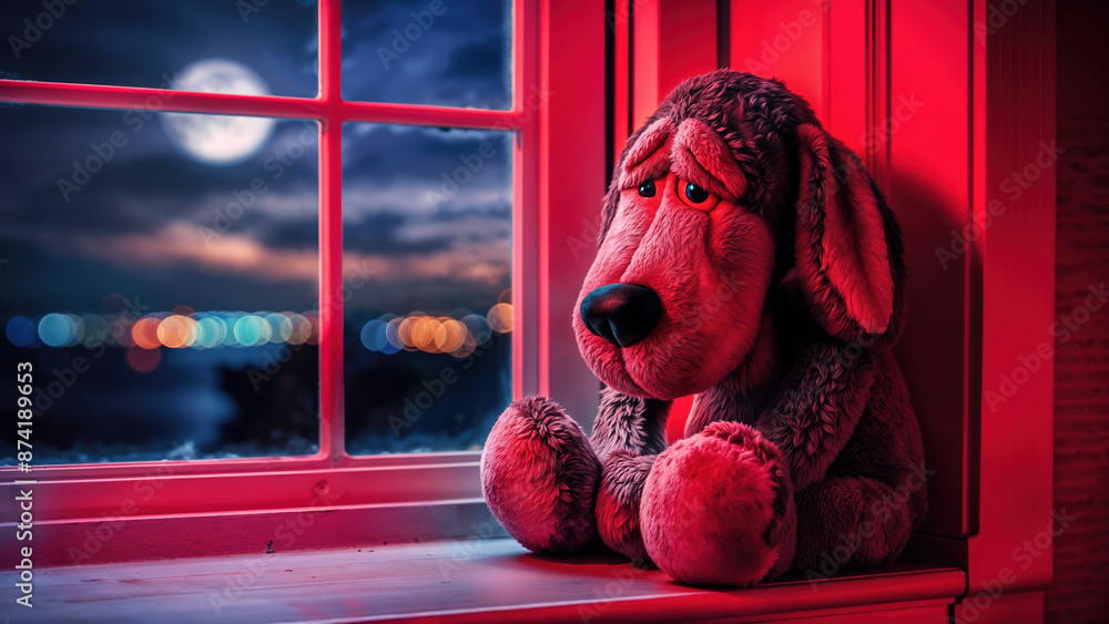 Sad dog plush toy sits alone on a window ledge with red interior light ...