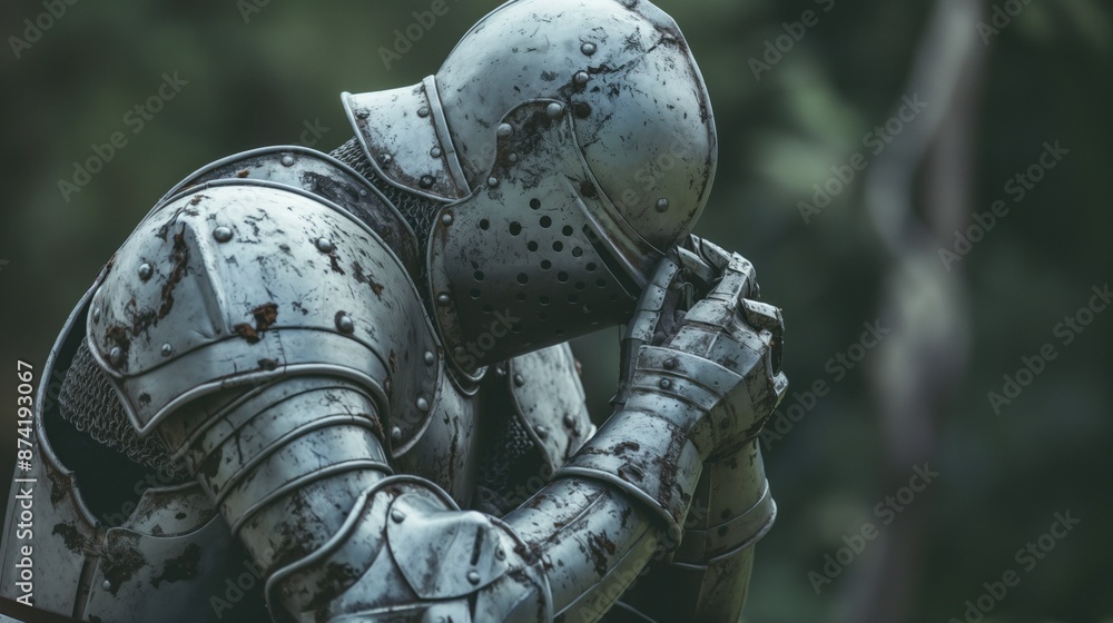 Foto de Knight kneeling in prayer before a battle, with a solemn ...