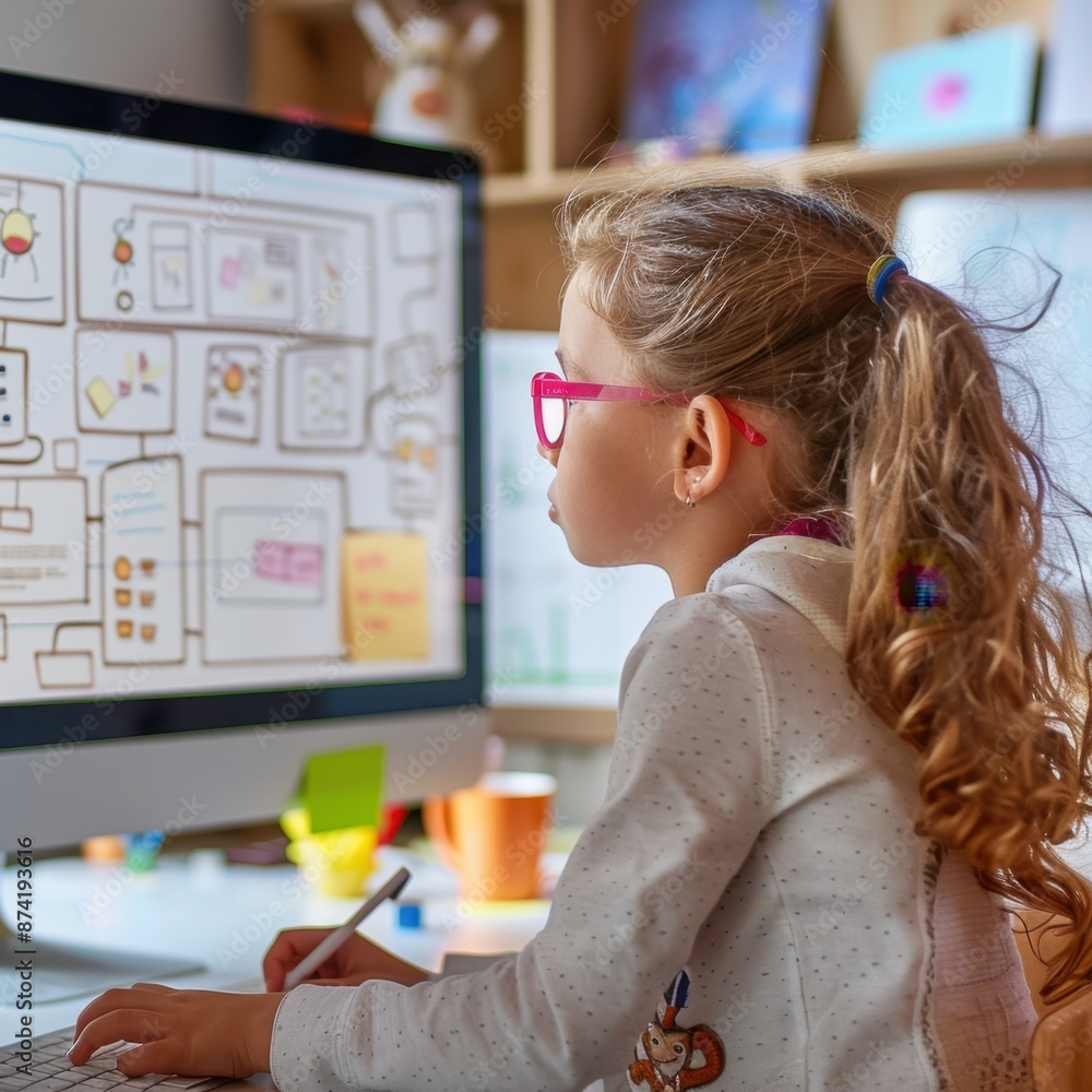 Little girl designing an app interface with a wireframe tool, Kid with ...