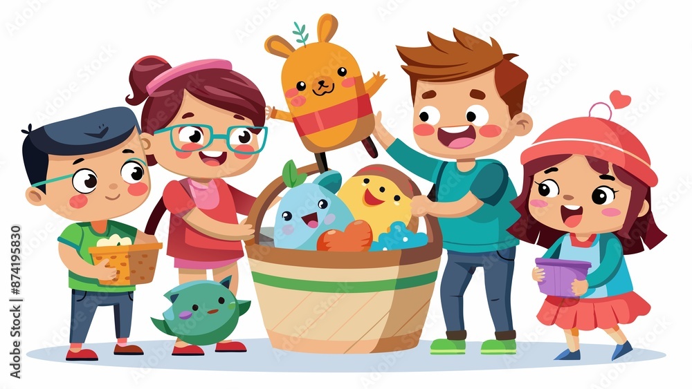 Adorable cartoon characters gathering items into big basket on white ...