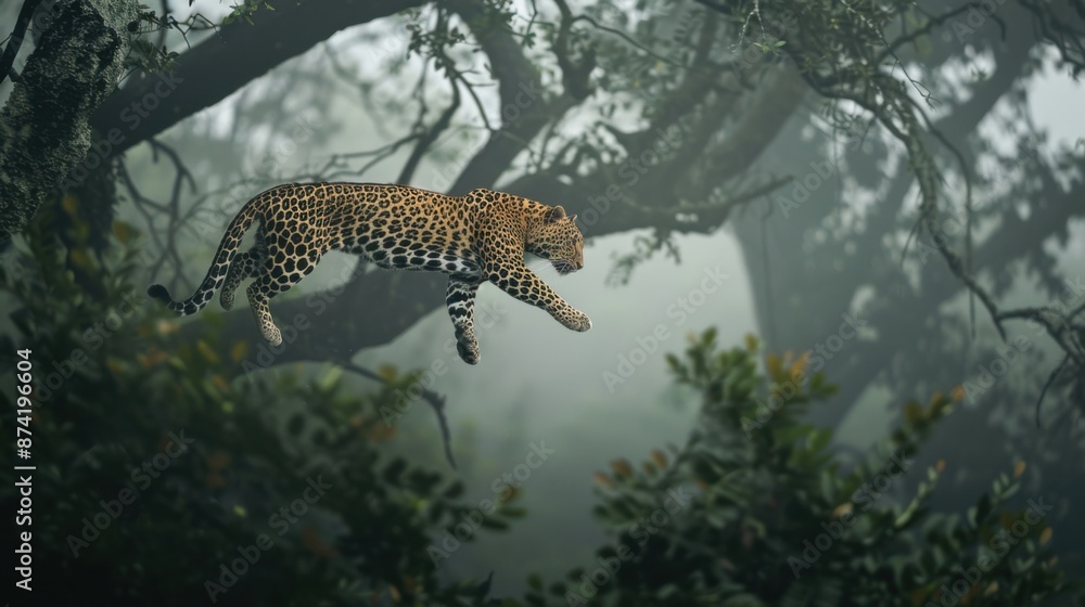 Leopard leaping between trees in full stretch, low angle shot. Sony A1 ...