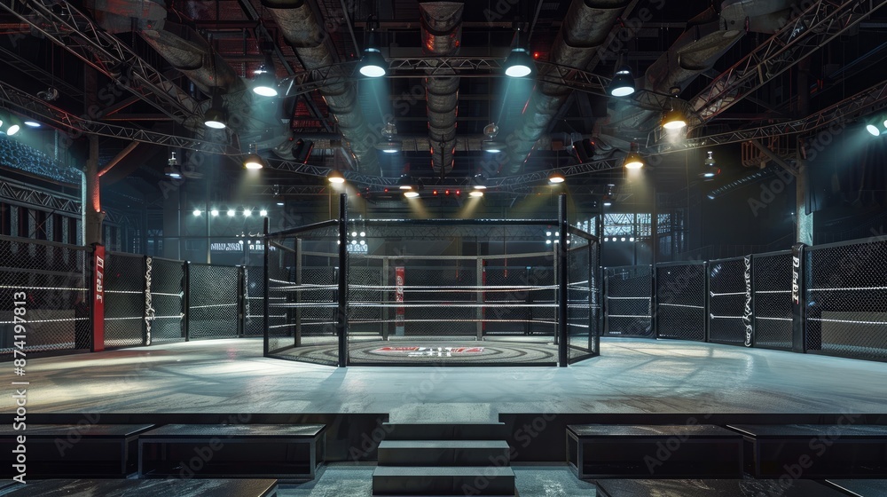 Deserted MMA arena with no spectators, showcasing the empty cage and ...