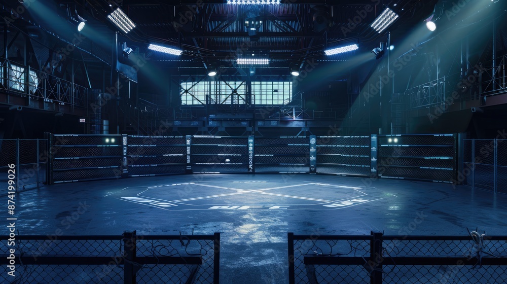 Empty mixed martial arts arena with no crowd or fighters, highlighting ...