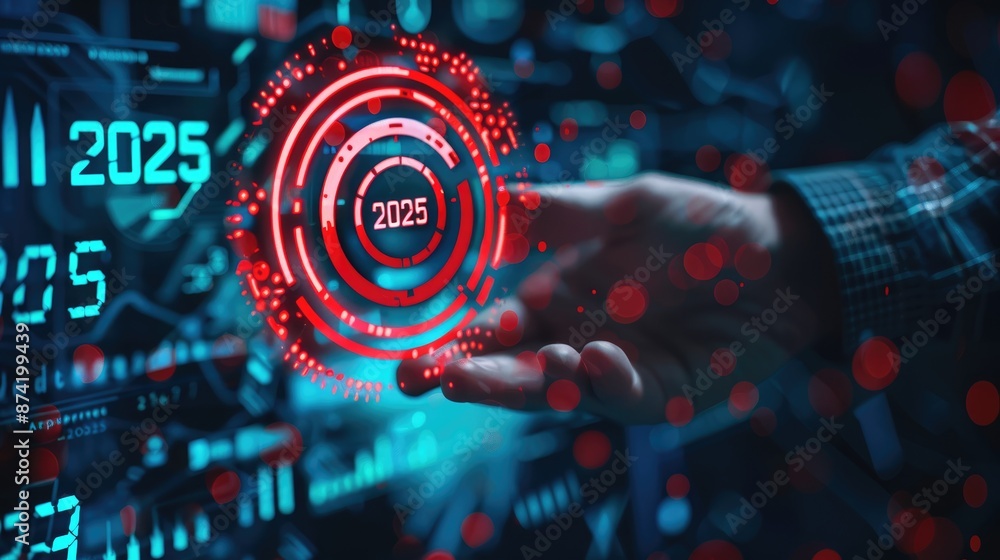 Hand holding a target icon with "2025" text on a digital technology ...