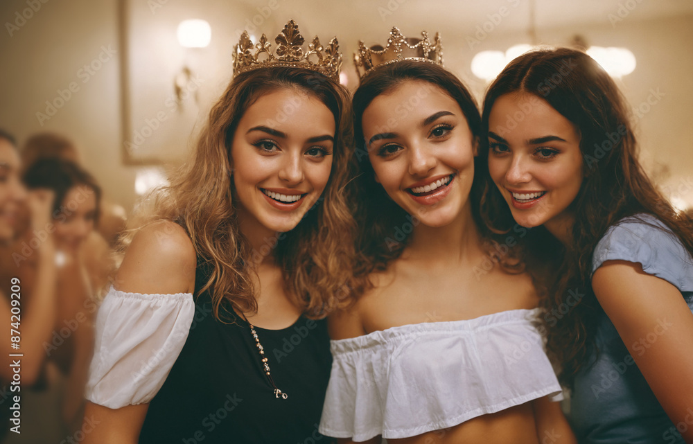 Three girls celebrating and partying, wearing golden queen or princess ...