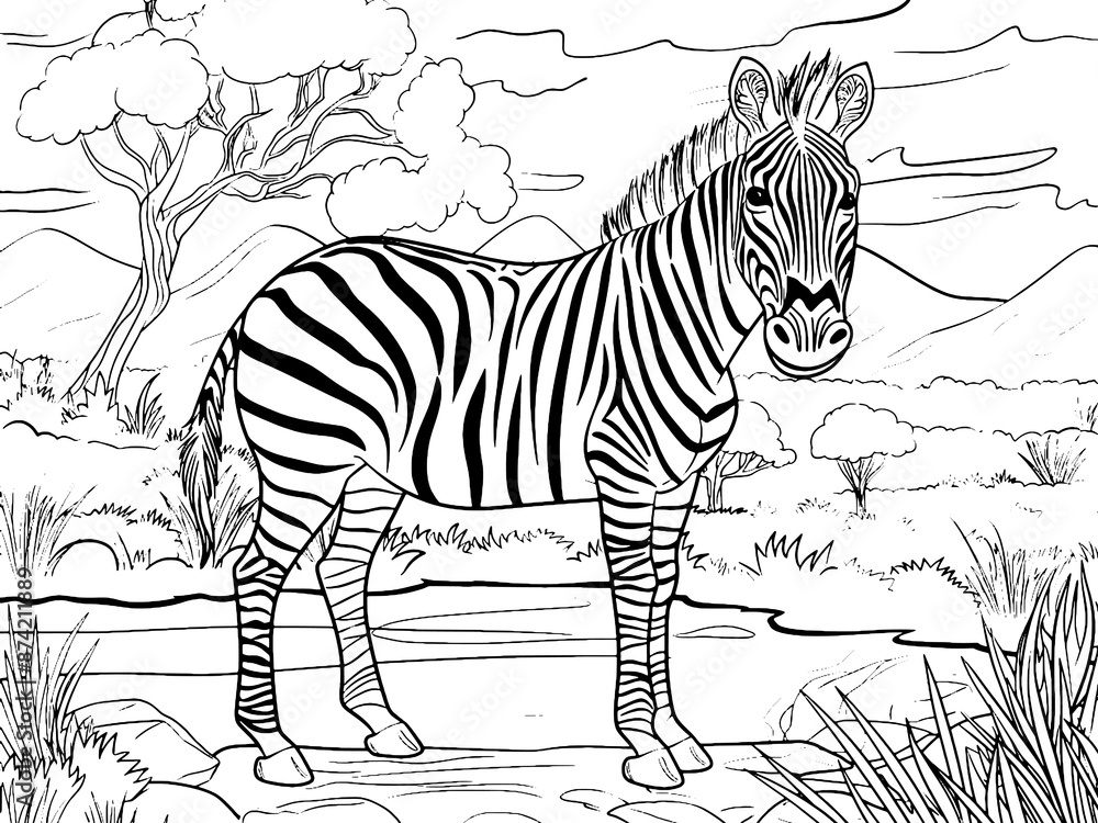 Cheerful zebra in the African savanna. Children coloring book ...