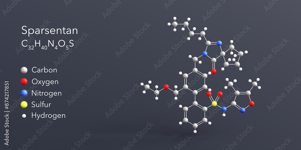 sparsentan molecule 3d rendering, flat molecular structure with ...