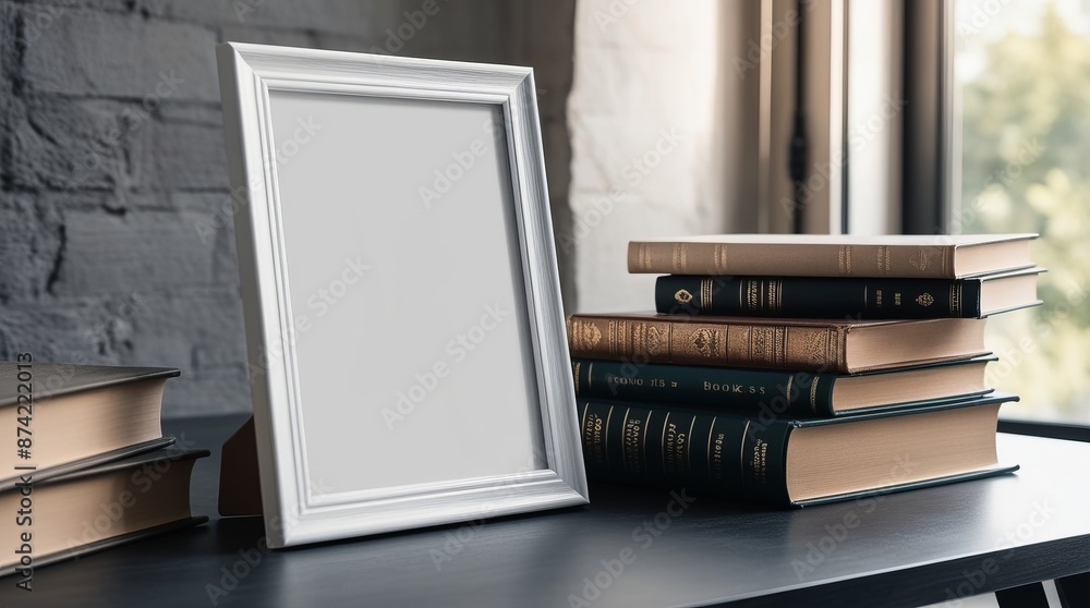 Blank white picture frame with books on a wooden desk in study setting ...