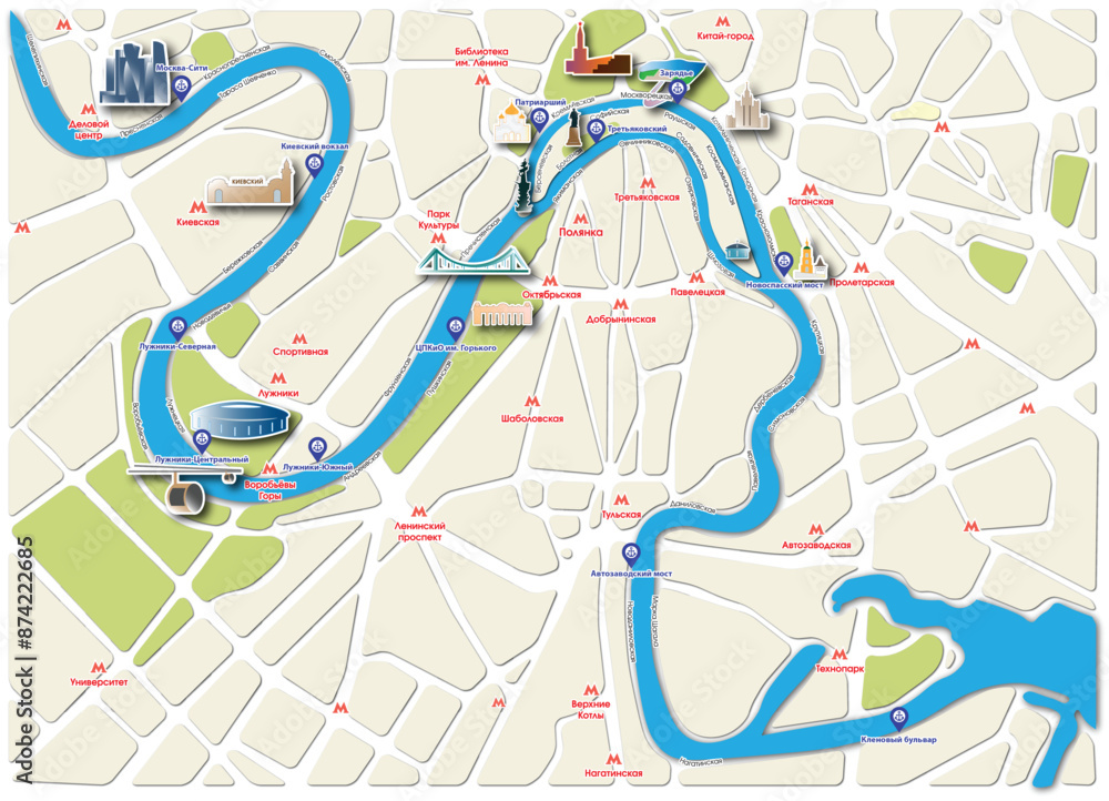 A real detailed editable map of Moscow river piers. Icons indicate ...