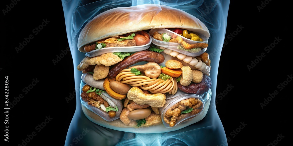 Xray image of a stomach filled with unhealthy junk food, xray ...