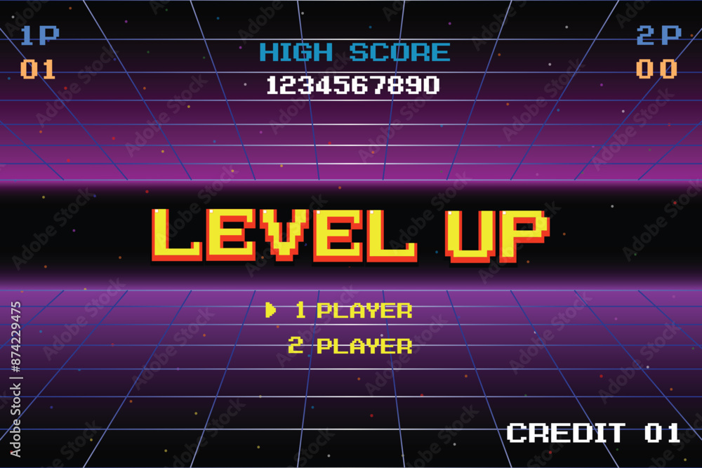 LEVEL UP INSERT A COIN TO CONTINUE .pixel art .8 bit game. retro game ...