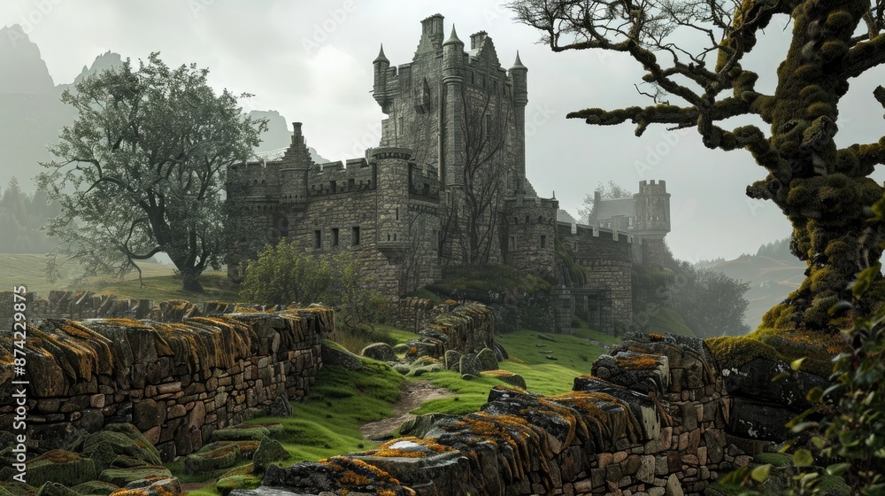 A medieval Scottish castle with rugged stone walls and a towering keep ...