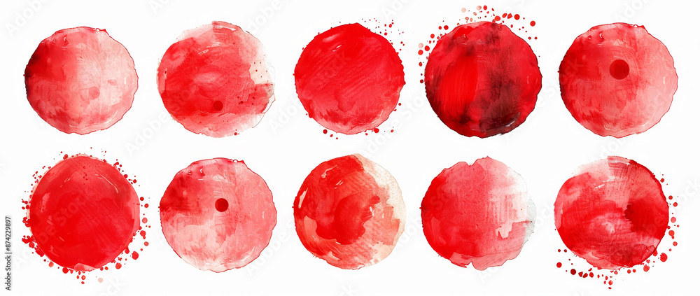 Hand-drawn red circles set isolated on a white background, watercolor ...