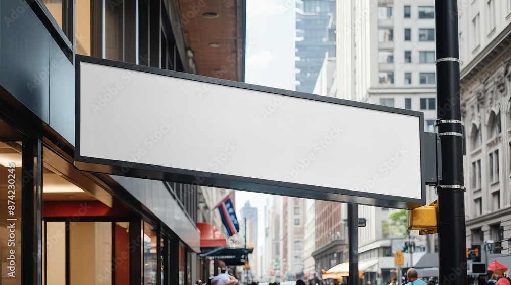 Blank storefront square sign in urban setting, hangs prominently on the ...