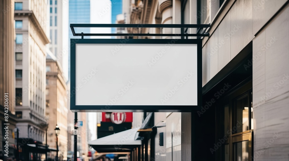 Blank storefront square sign in urban setting, hangs prominently on the ...