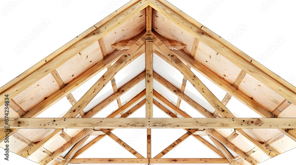 during construction of new home, ceiling roof trusses framework beams rafters were installed ...