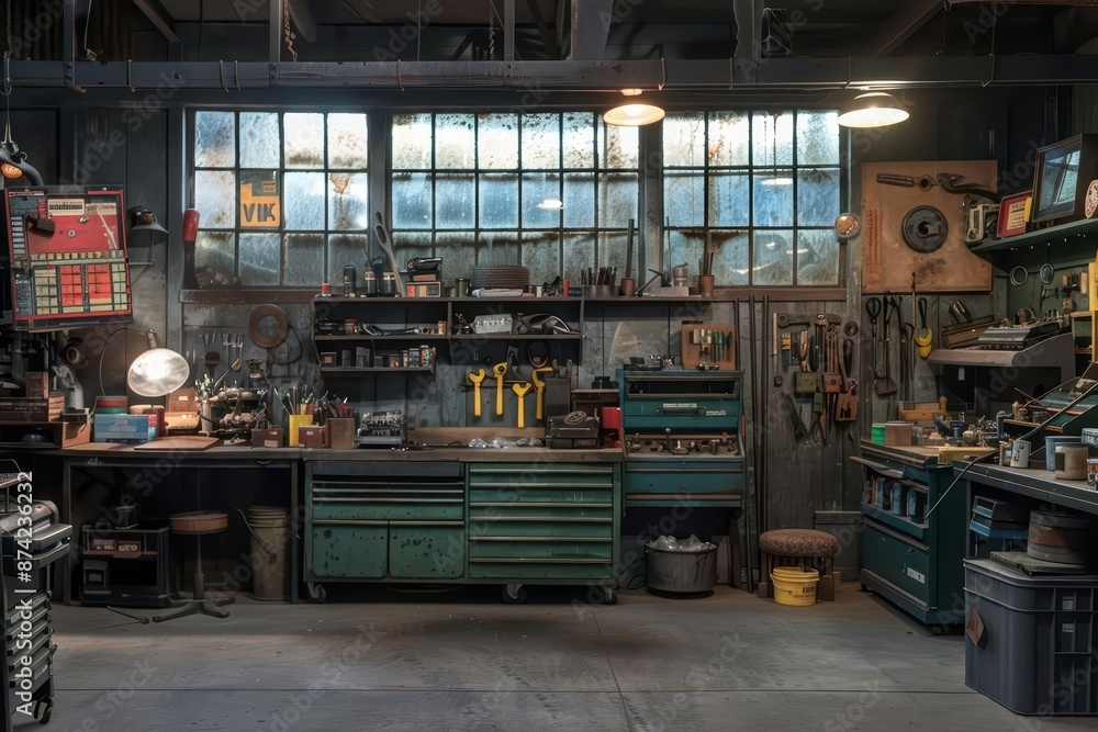 gritty auto repair shop interior of cluttered garage with vintage tools ...