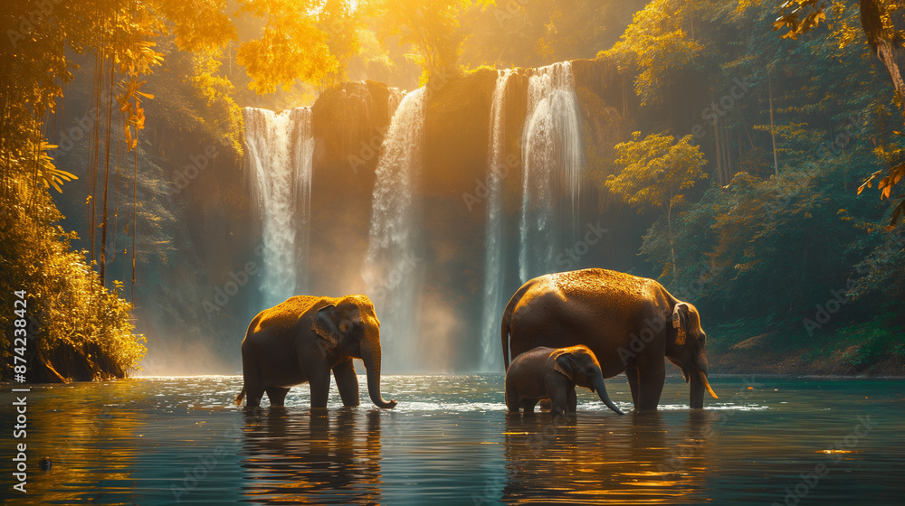 The elephants and their baby are in the forest near a waterfall in ...