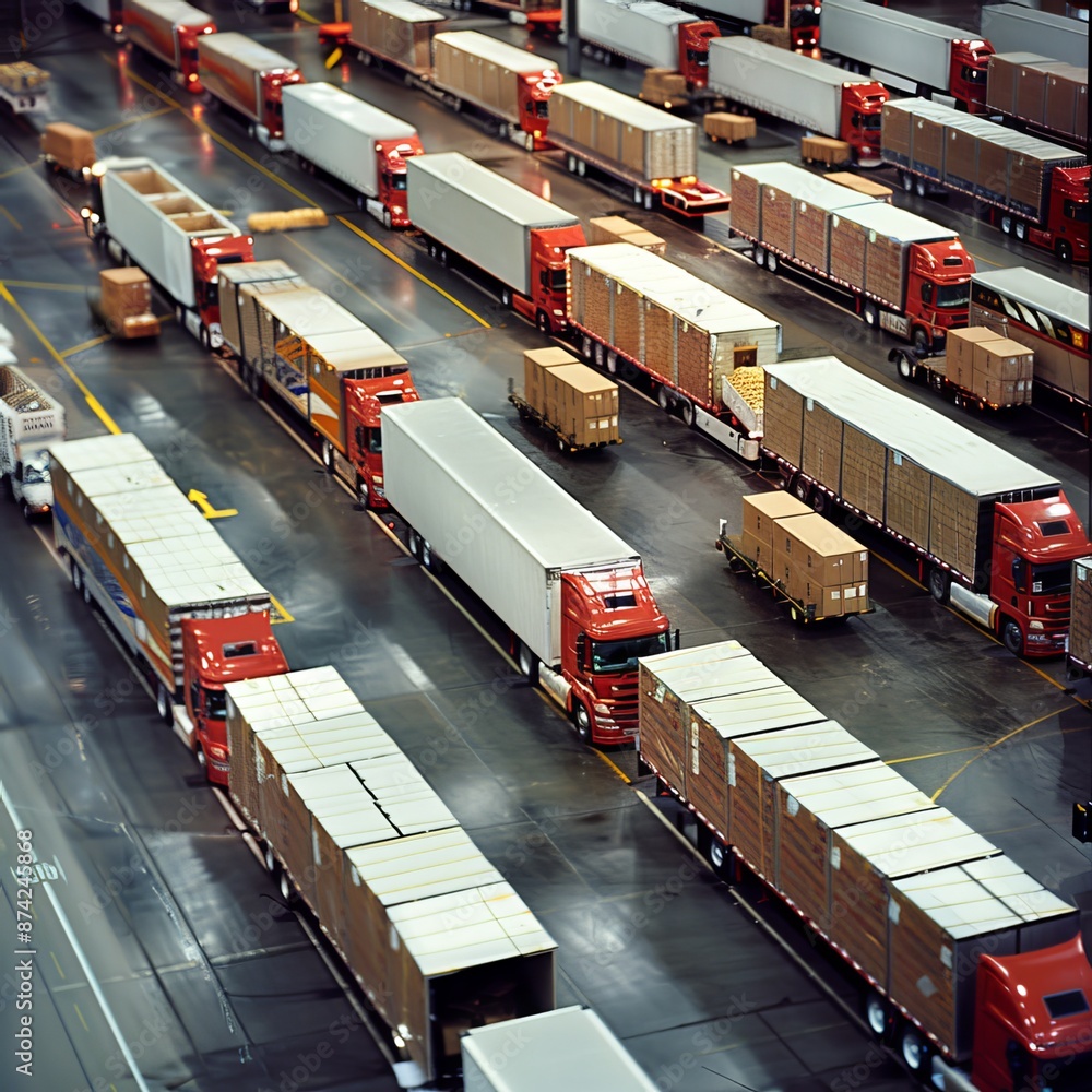 Trucks are lined up at a warehouse, ready to load and unload boxes of ...