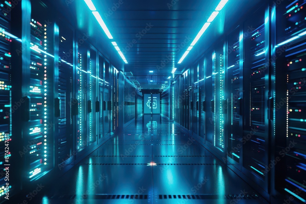 futuristic data center interior with rows of glowing server racks blue ...