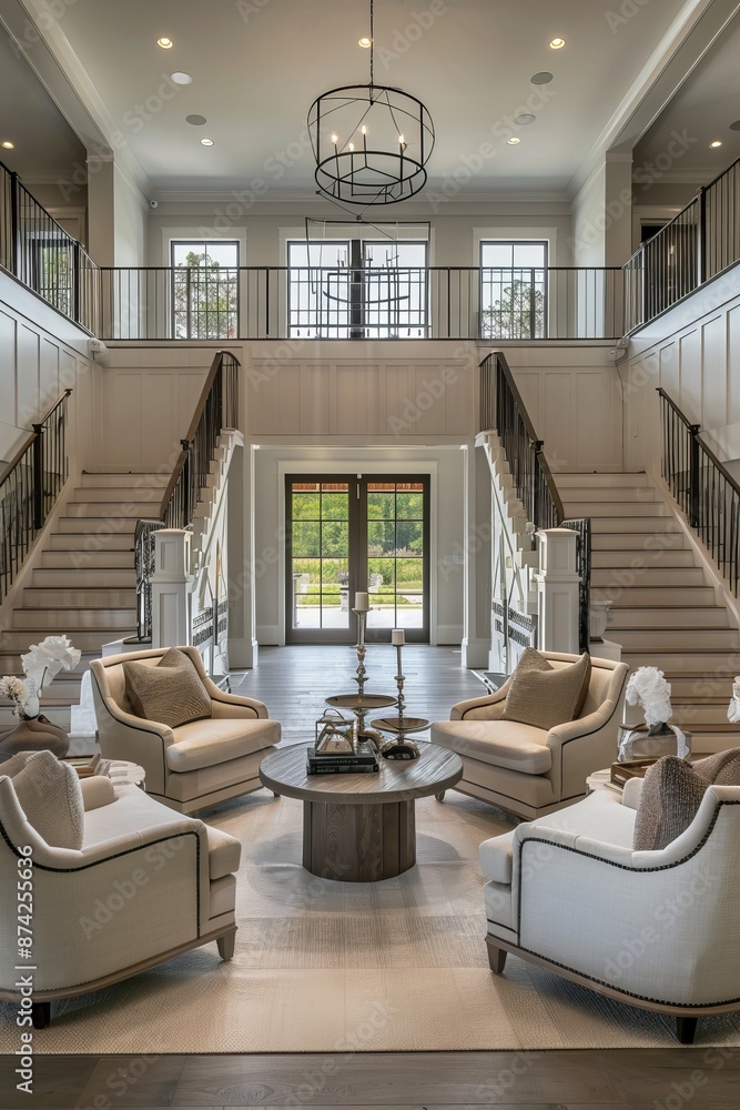 A large double staircase in the center of an open concept home with two ...