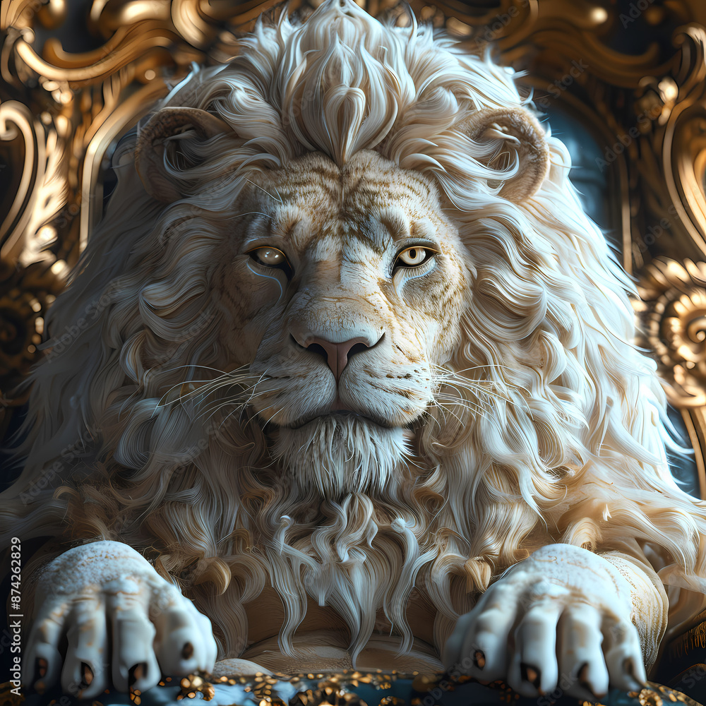 Fantasy image of a lion sitting as a king on a throne, in antient stone ...