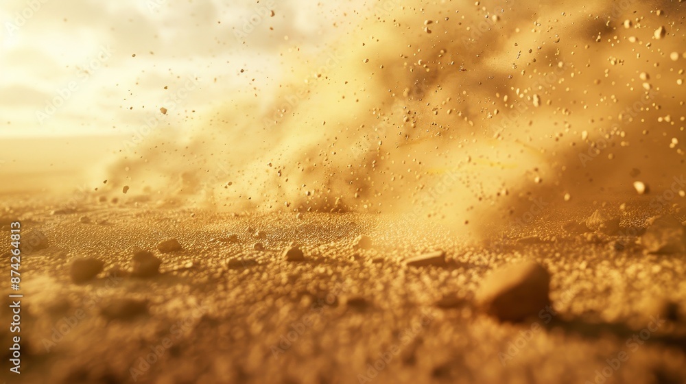 very strong wind from left side, dust from ground, close up, dust ...