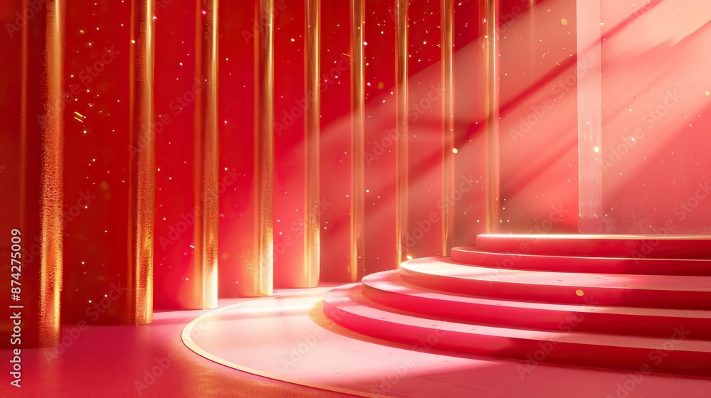 Elegant red stage background with golden lights and sparkling effects ...