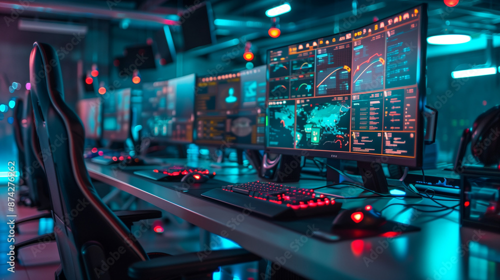 High-Tech Cybersecurity Operations Center with Multiple Monitors Displaying Data and Analytics ...