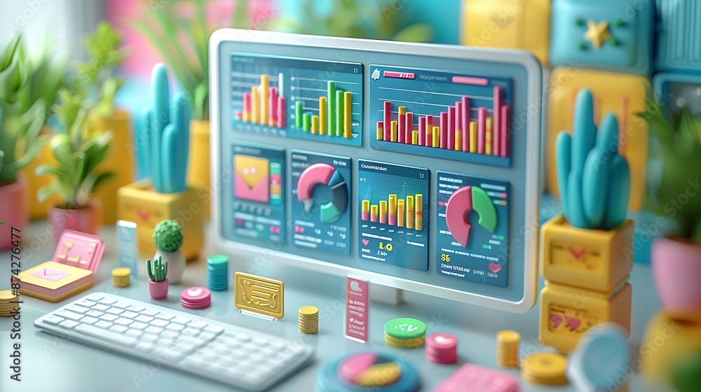 A 3D isometric illustration of a marketing dashboard with an emphasis ...