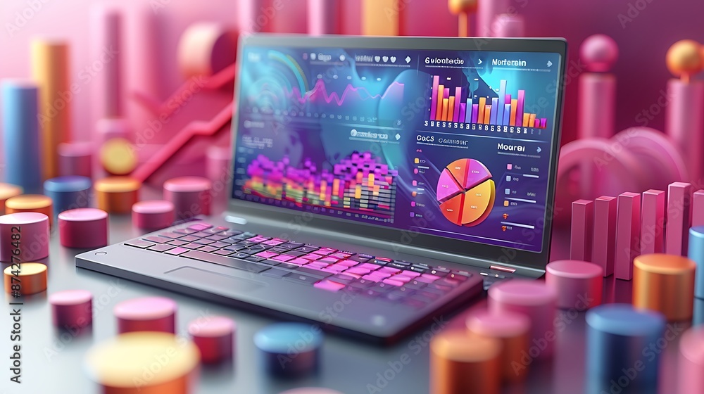 A 3D isometric illustration of a marketing dashboard with an emphasis ...