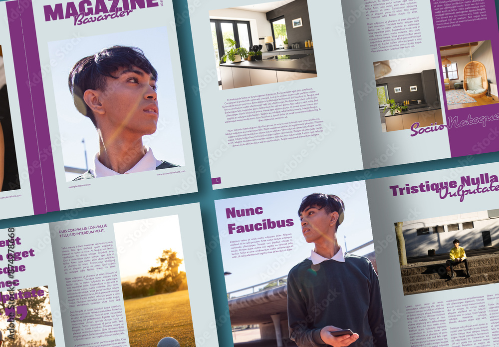 Blue Magazine Layout with Purple Accents Stock Template | Adobe Stock