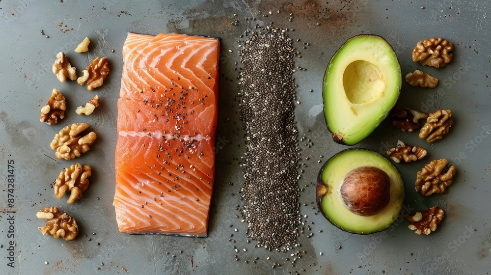 Healthy fats: chia seeds, walnuts, salmon, and avocado, omega-3 rich ...