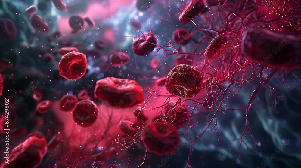 Red blood cells move through a blood vessel, surrounded by a network of ...