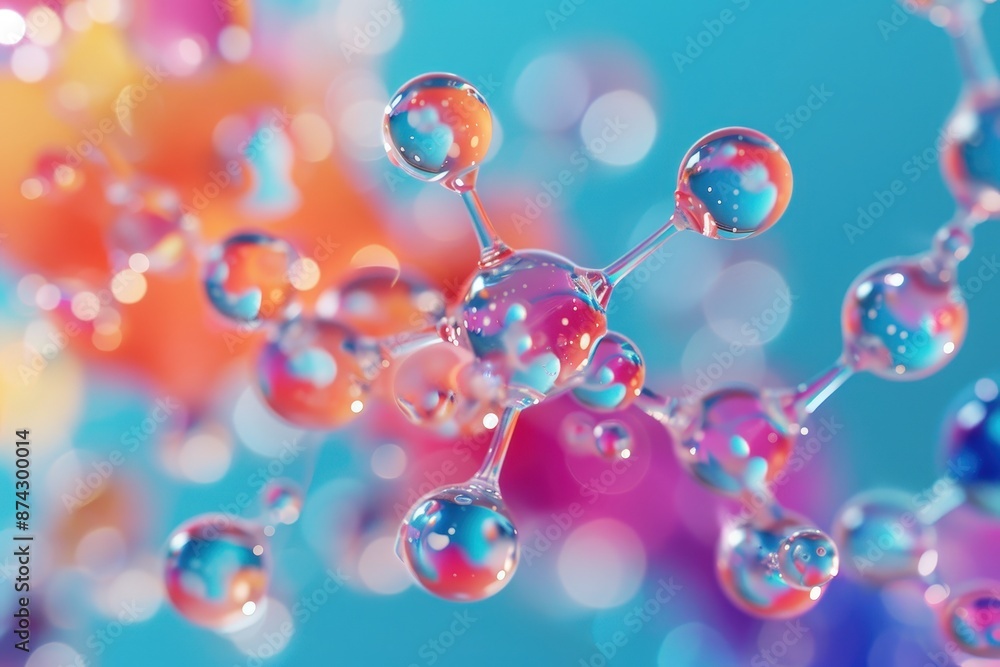 Abstract colorful molecule structure with water droplets, representing ...