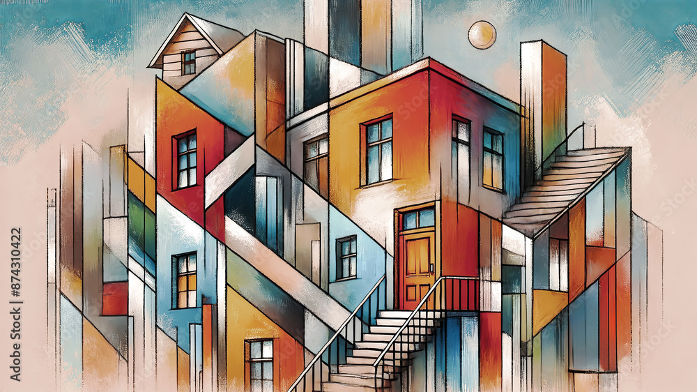 A colourful, abstract painting of a multi-layered house with geometric ...