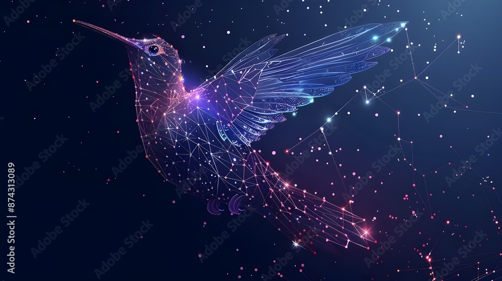 Abstract representation of a colibri made up of points, lines, and ...