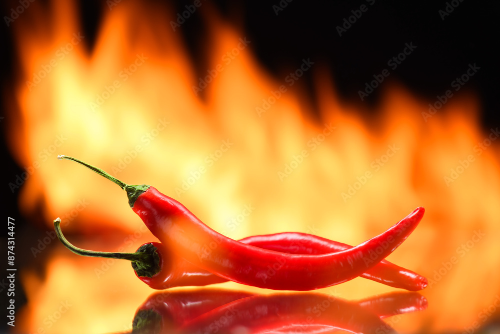 red chili peppers, on a background of burning fire, flames on a black ...