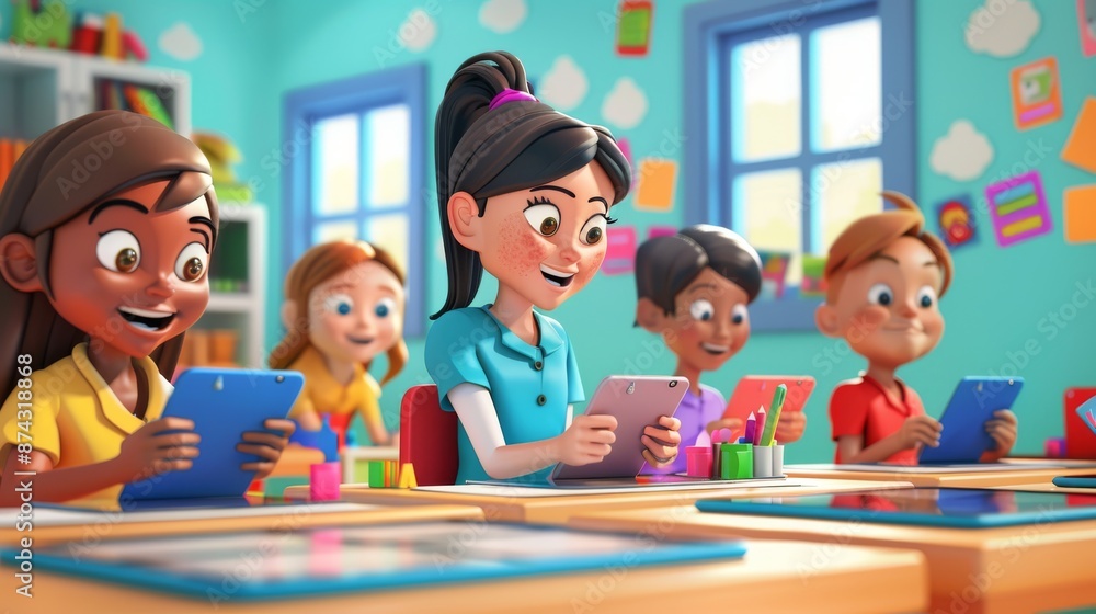 Cartoon 3D illustration of a primary school teacher showing children ...