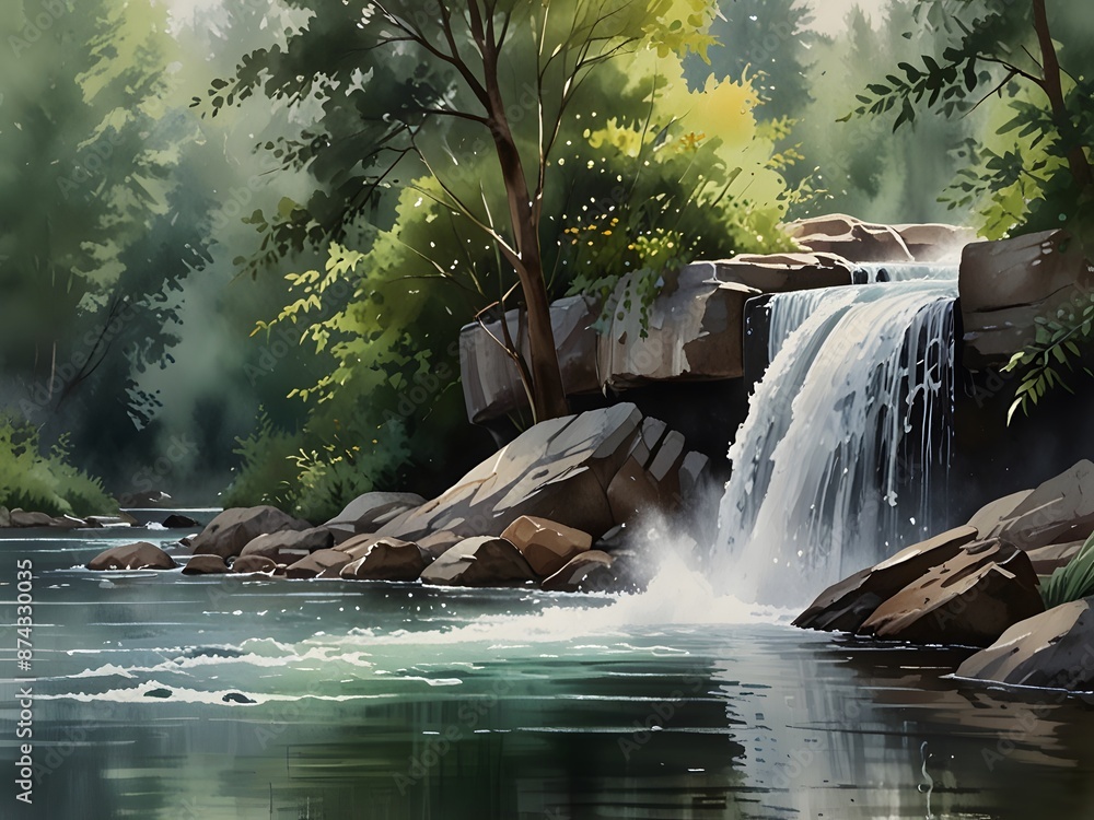 Lush green forest surrounds a cascading waterfall tumbling over rocks ...