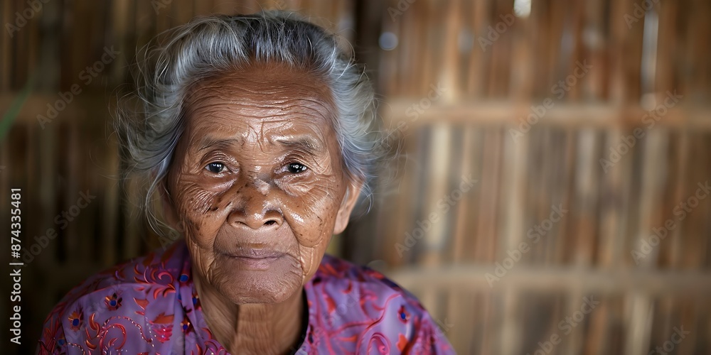 Filipino elderly woman wearing barong sitting in rustic kitchen with ...