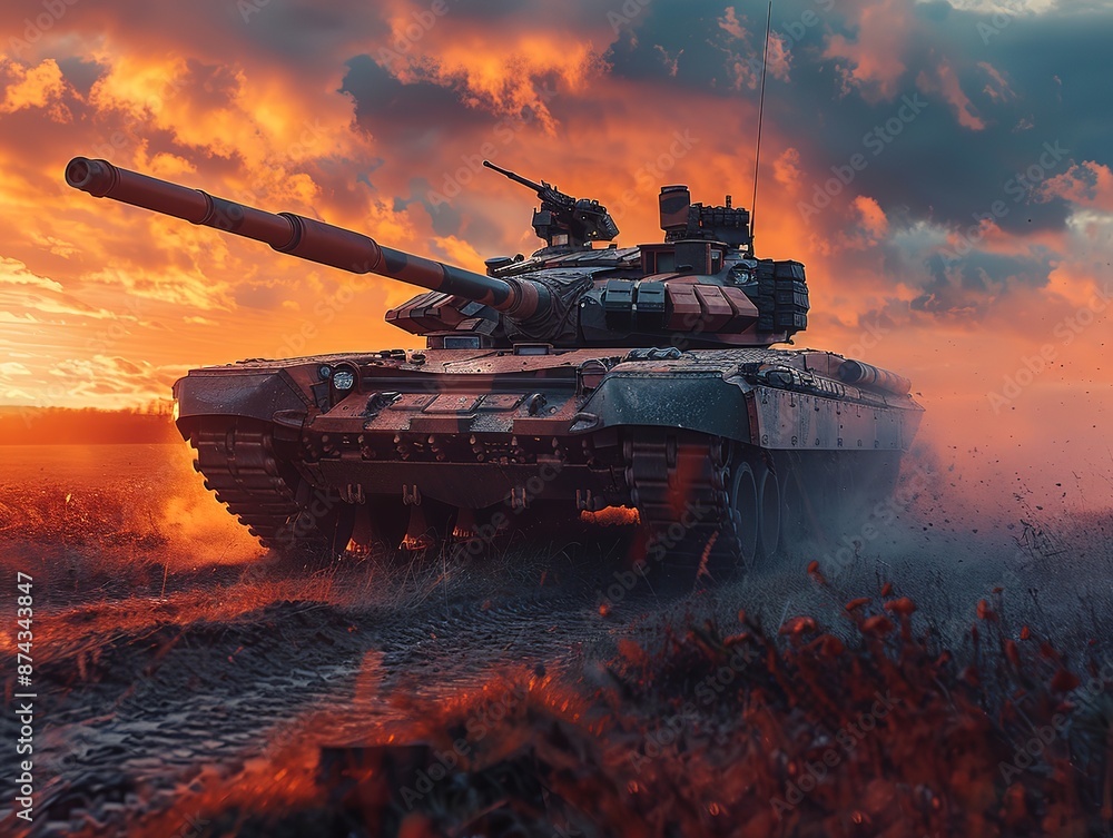 A modern main battle tank with camouflage paint, on the battlefield ...
