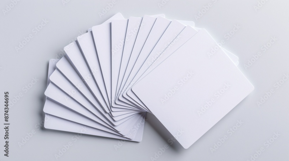 Multiple blank white credit cards arranged in a fan shape, casting ...