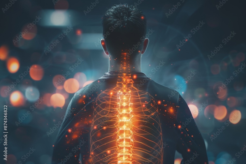 Spinal health visualization man in back pain with glowing spine ...