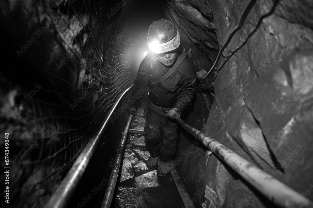 Coal miner wearing a helmet and headlamp is descending a mine shaft ...