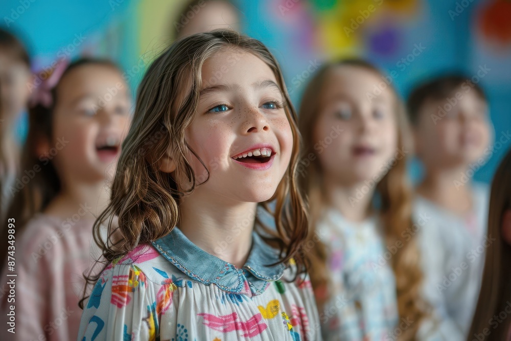 Kindergarten student singing with classmates, music and joy concept ...