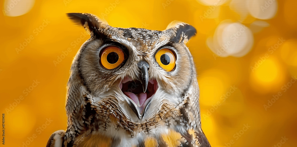 Surprised owl on yellow background with large eyes and open mouth ...