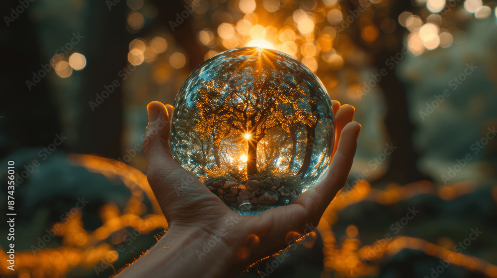 Hand Holding Glass Sphere with Tree Inside in Forest. Sun Rays Through ...