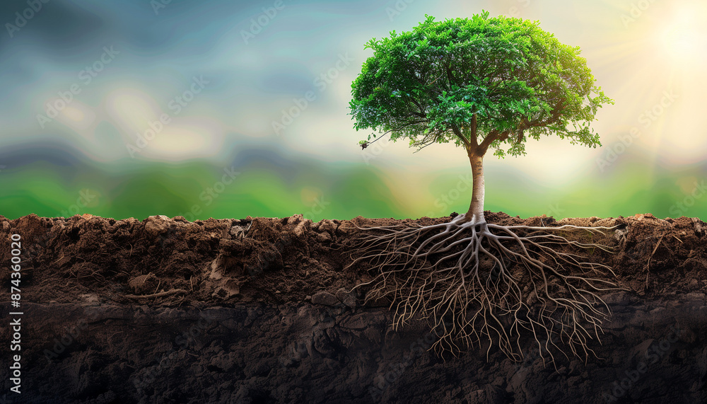 Cross Section of a Tree with Extensive Root System Under Blue Sky Stock ...